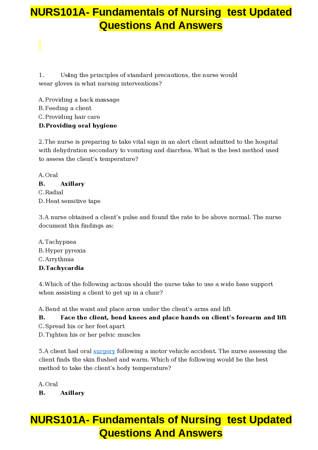 NURS101A- Fundamentals of Nursing test Updated Questions And Answers ...
