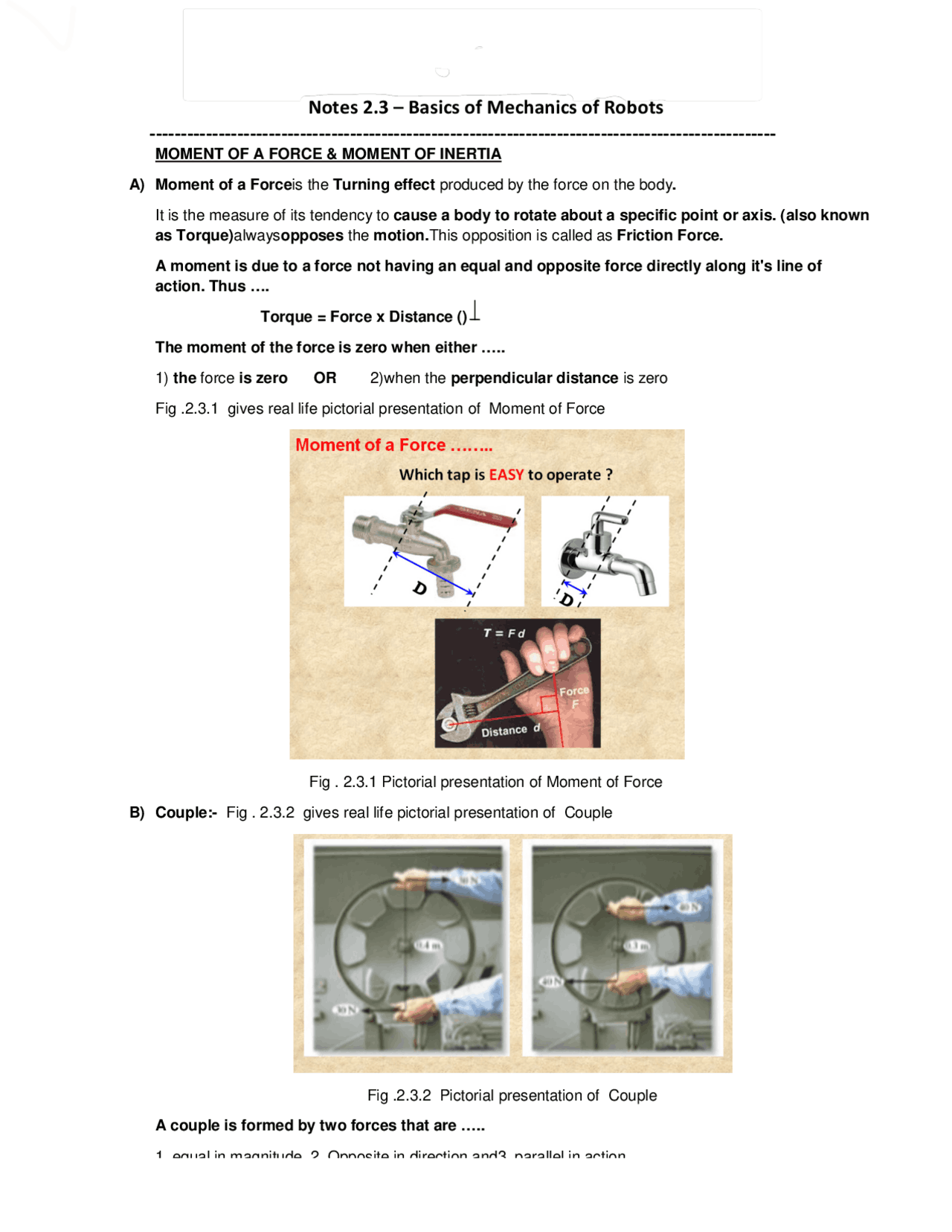 NOTES 2.3: Basics of Mechanics of Robot- Moment of Force and Moment of ...