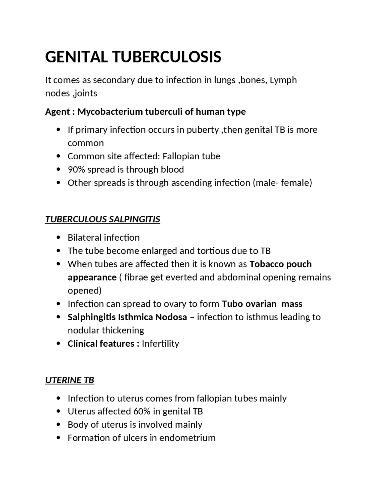 Best short note on Genital Tuberculosis | Lecture notes Medicine | Docsity