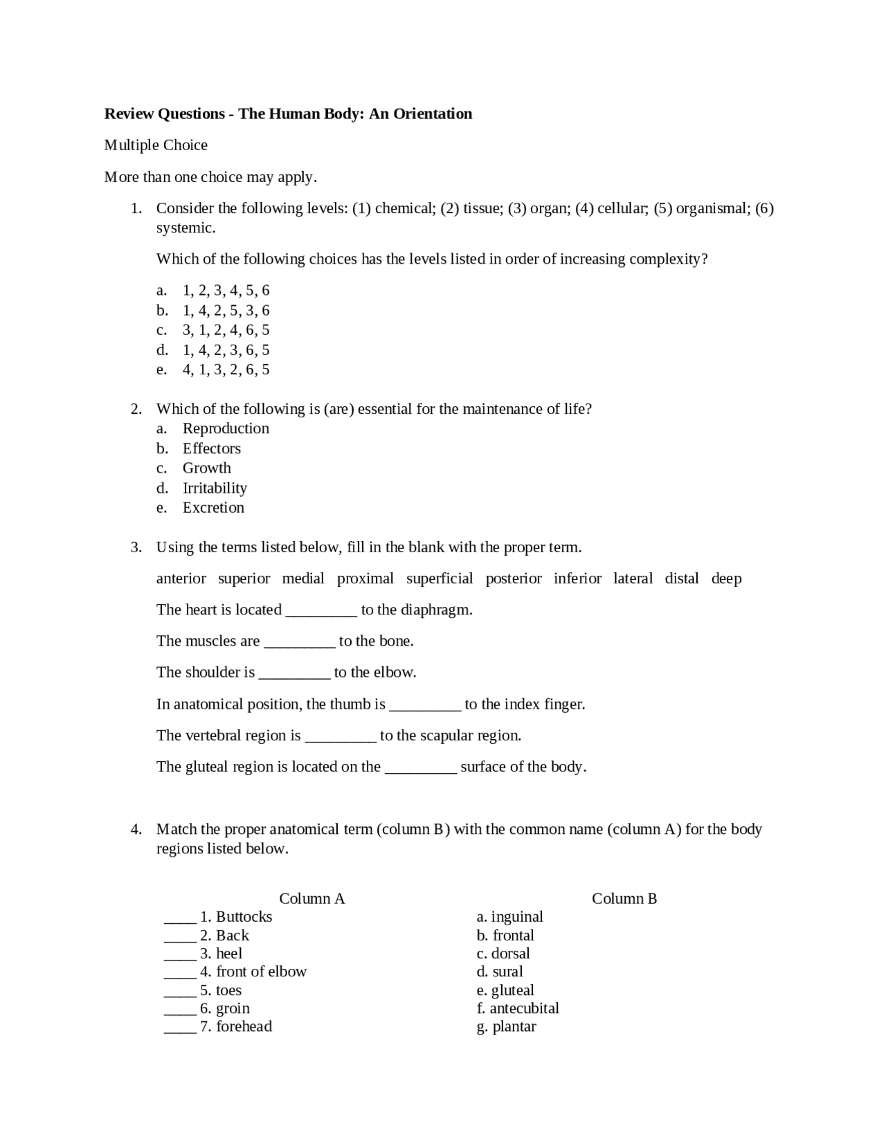 Review Questions with Answers on the Human Body an Orientation ...