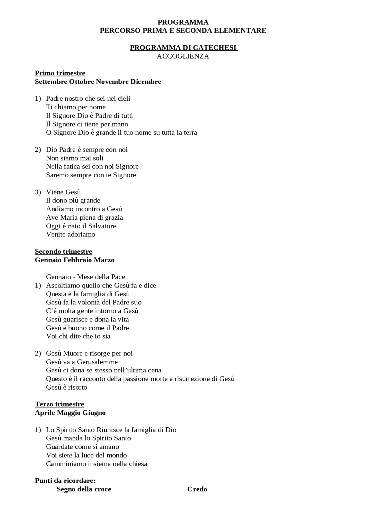 PROGRAMMA CATECHISMO PER BAMBINI | Appunti di Religione | Docsity