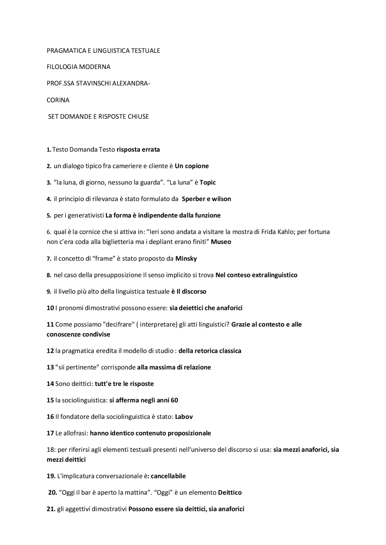 Risposte Di Pragmatica E Linguistica Testuale Profssa Stavinschi
