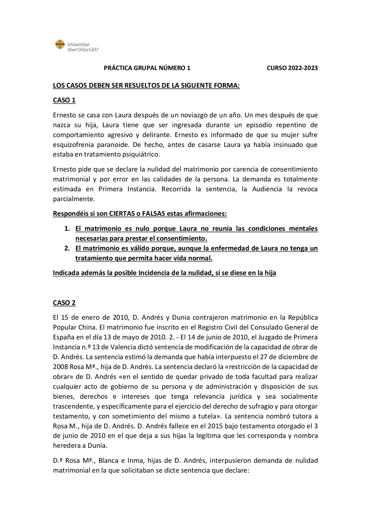 Caso 1 Ejercicios De Derecho Civil Docsity