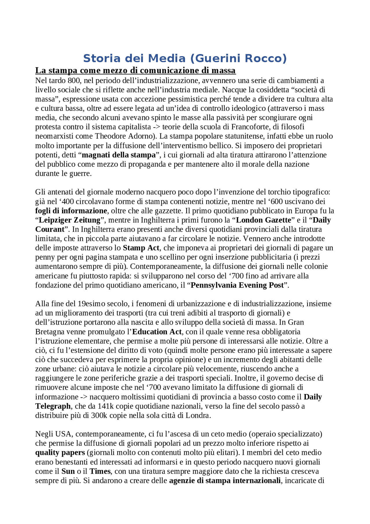 Storia Dei Media Internazionali Appunti Di Storia Dei Media Docsity