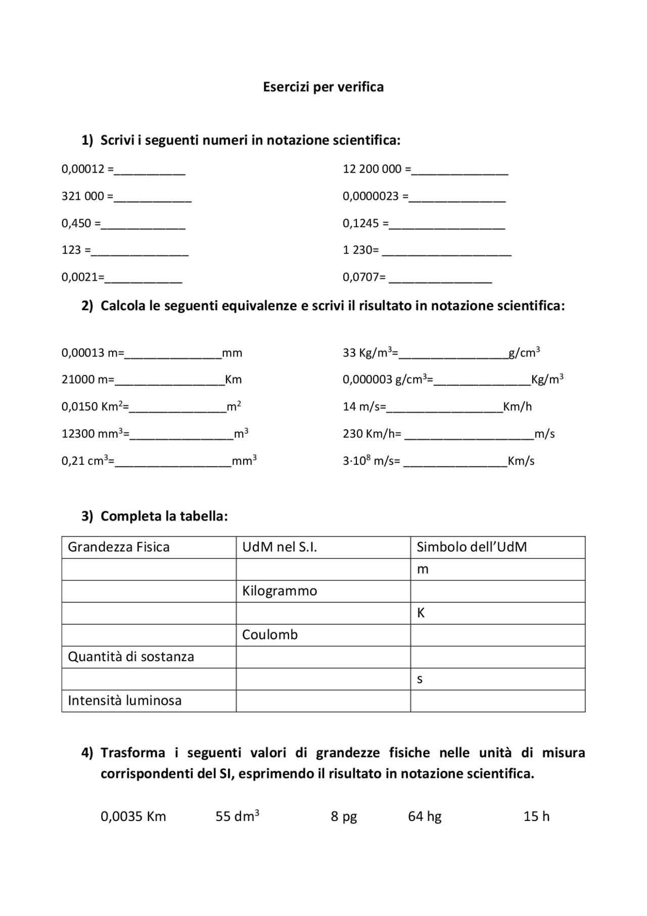 Fisica Esercizi Per Verifica Esercizi Di Fisica Docsity