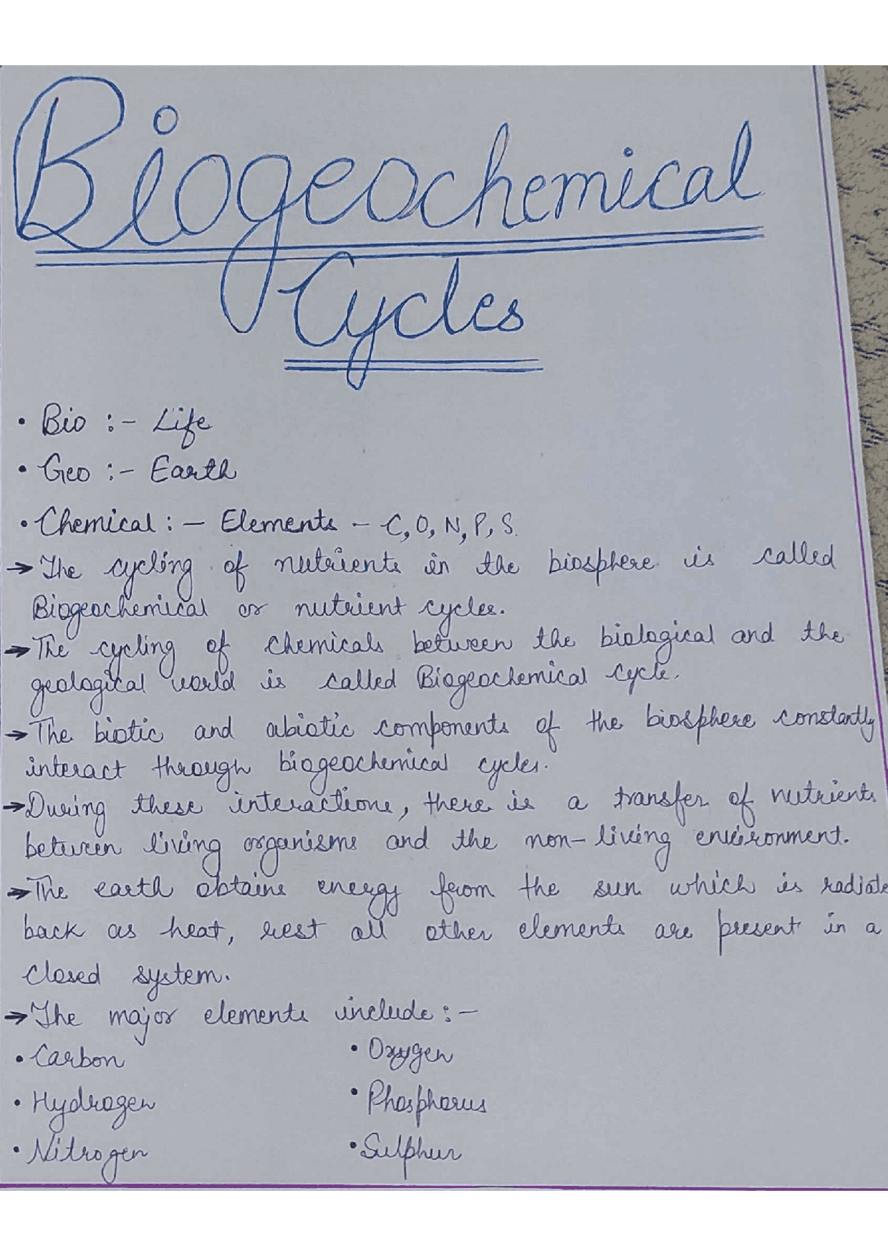 Handwritten notes of Biogeochemical cycles. | Study notes Biology | Docsity