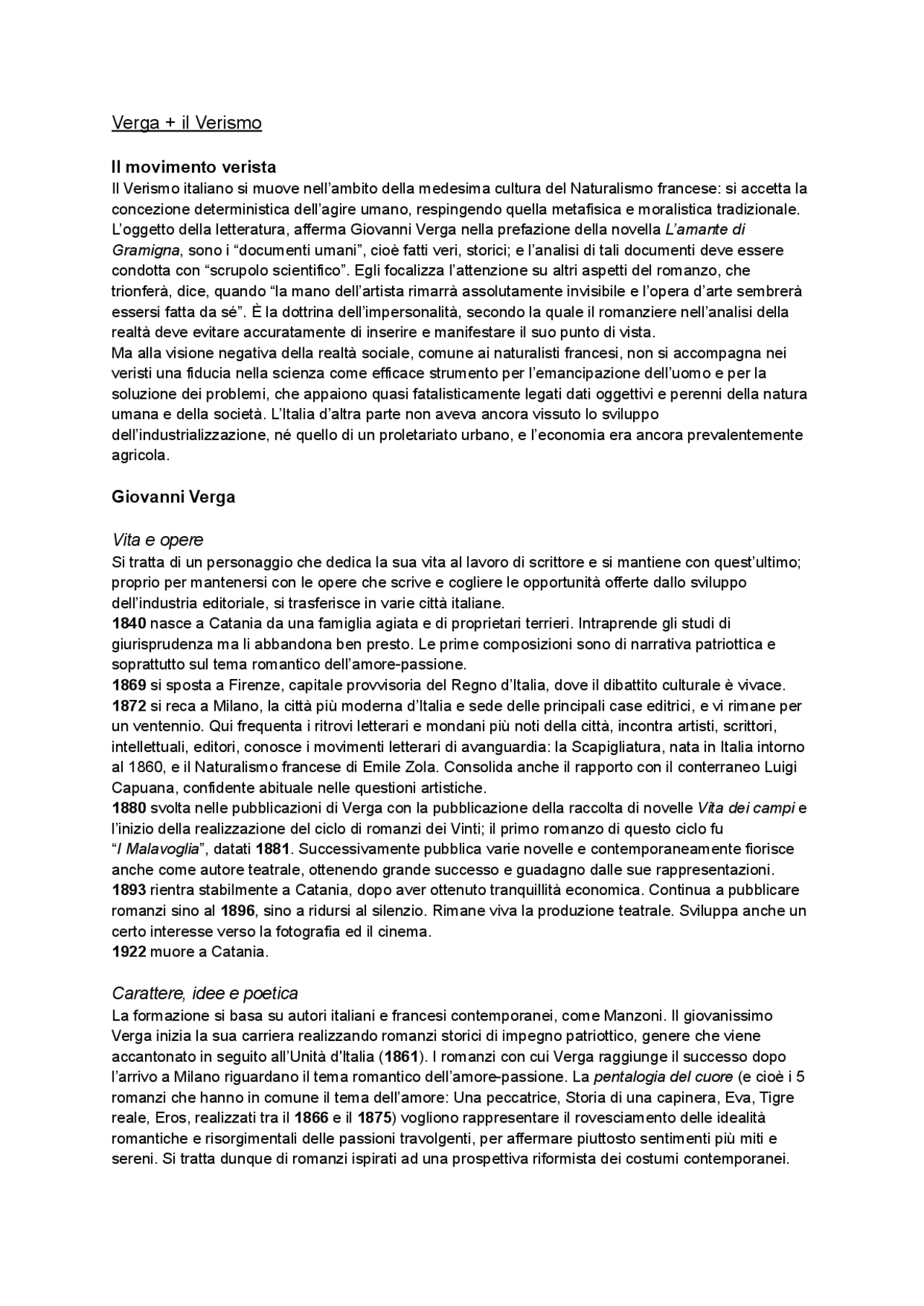 APPUNTI su Verga e il Verismo | Appunti di Italiano | Docsity