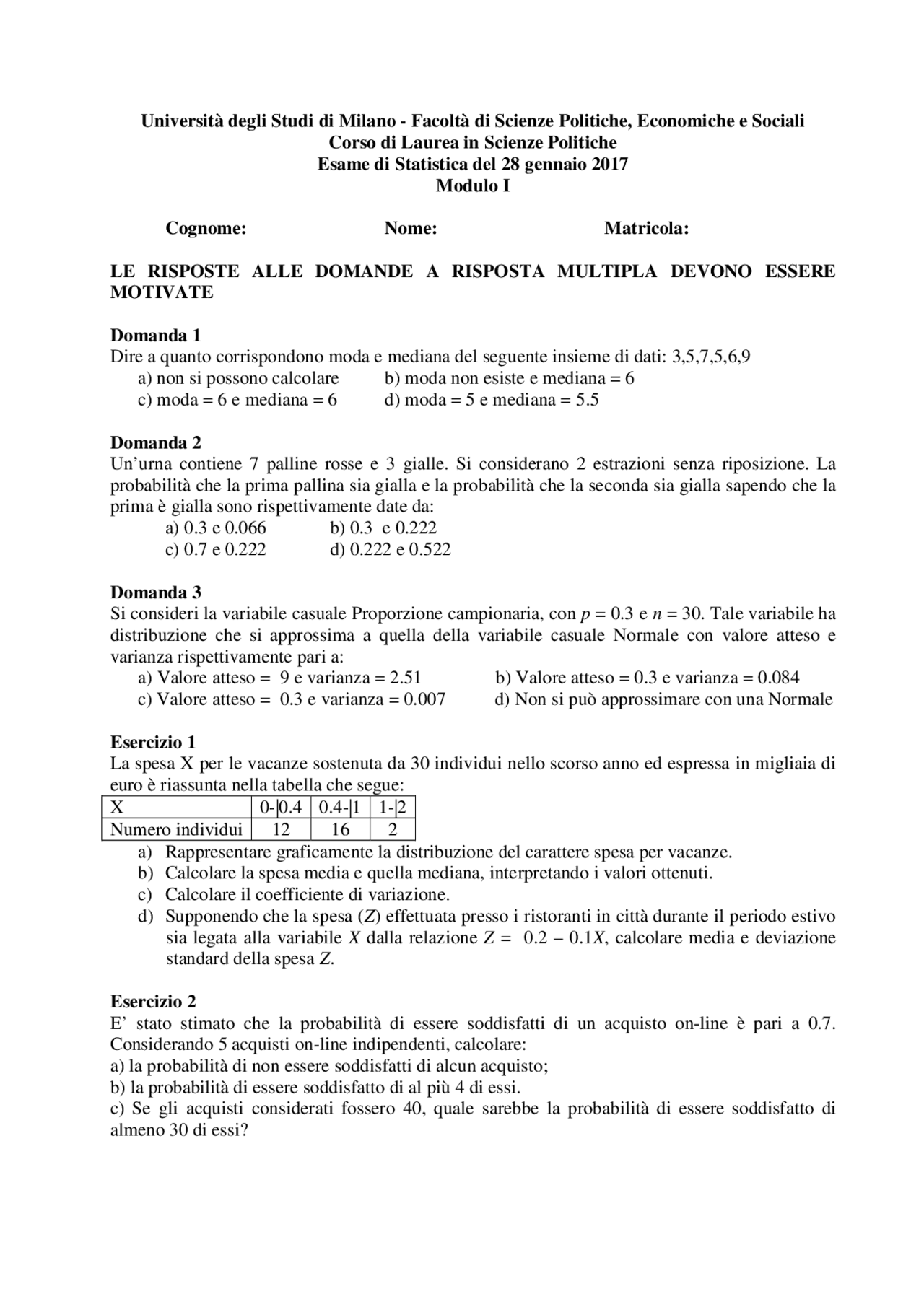 Esercitazioni statistica | Prove d'esame di Statistica | Docsity