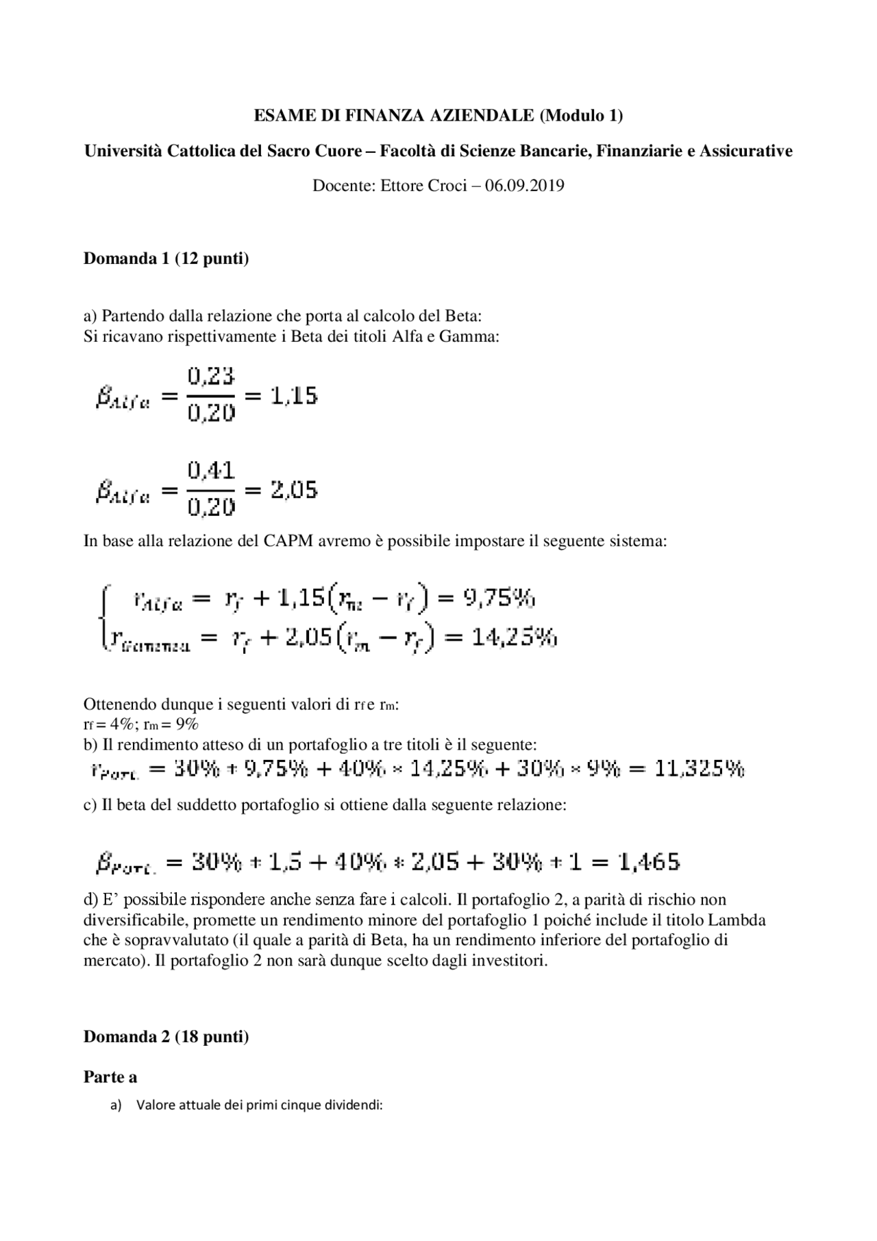 Prove Desame I Modulo Prove Desame Di Finanza Aziendale Docsity