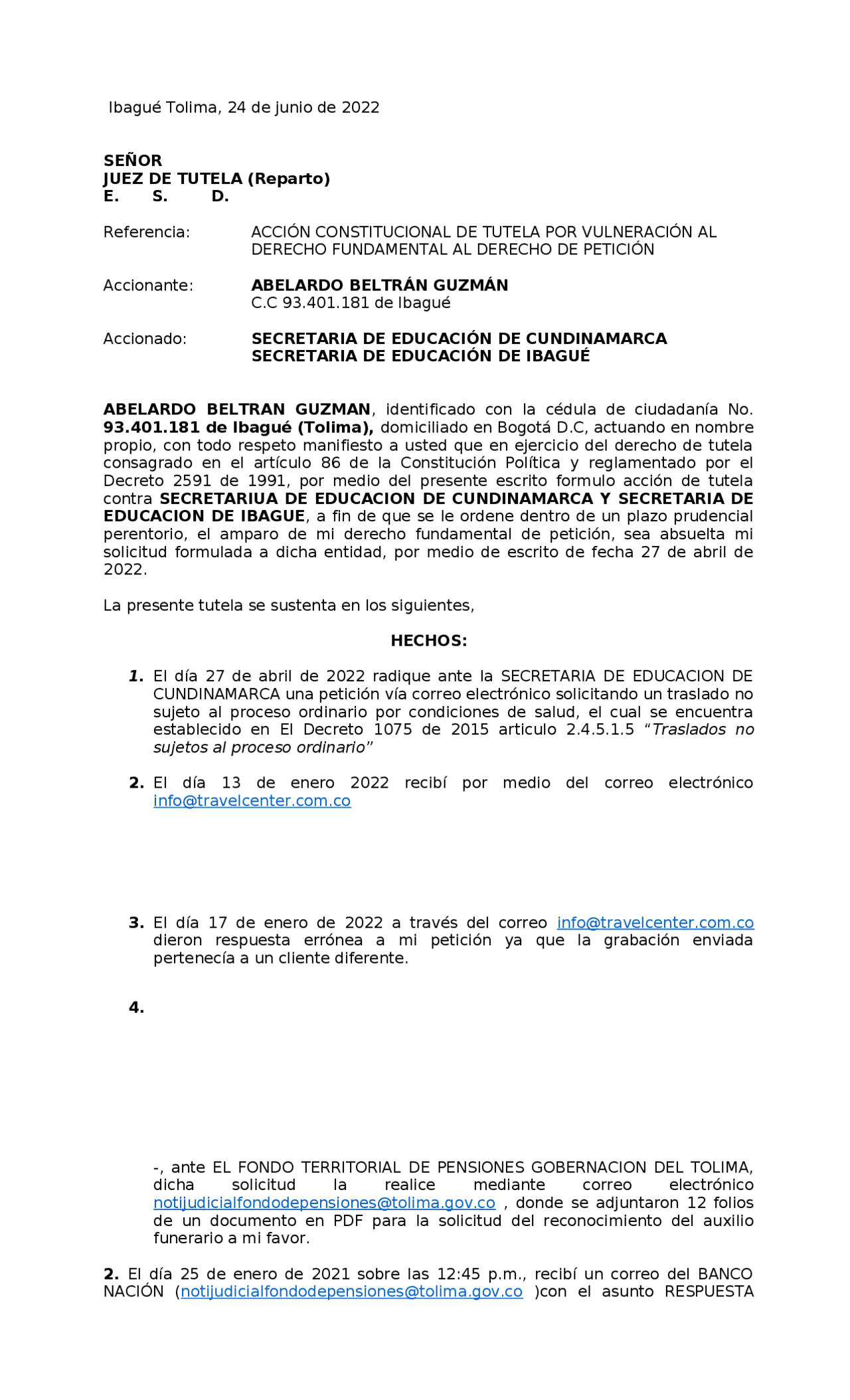 FORMATO DE TUTELA DERECHO DE PETICION | Ejercicios de Derecho ...
