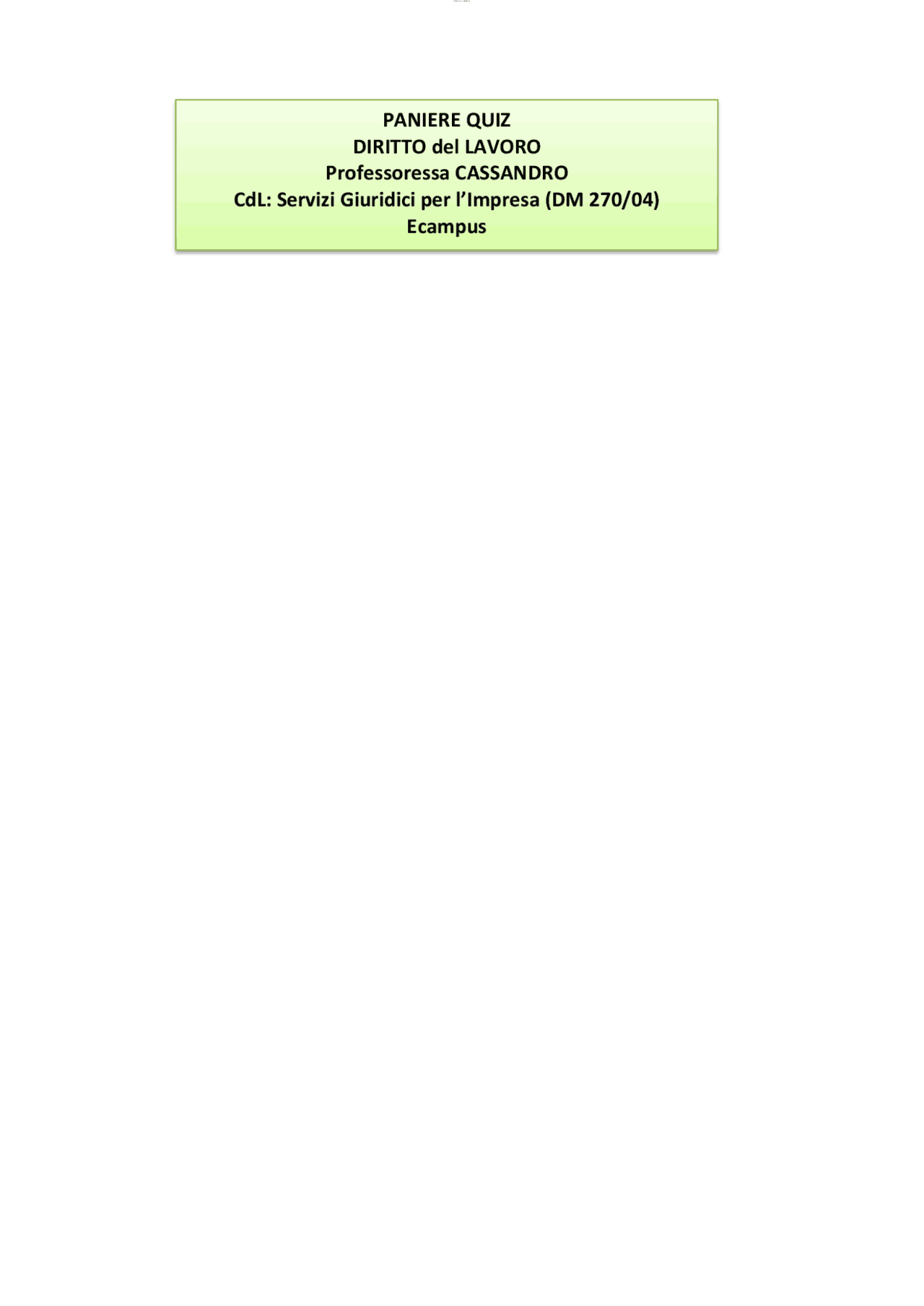 Paniere Diritto Del Lavoro Prof Cassandro Risposte Chiuse Quiz