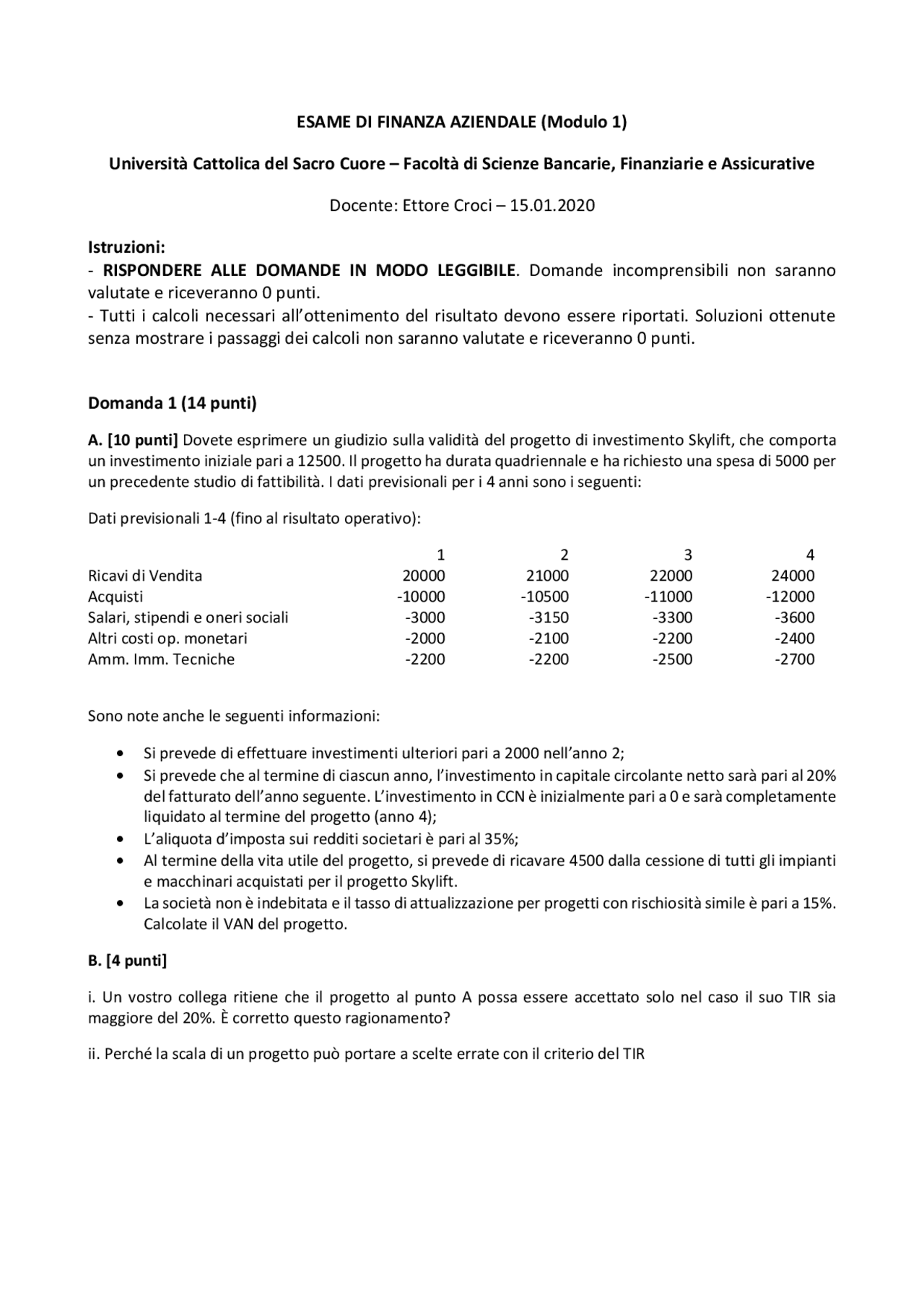 Prove Desame I Modulo Prove Desame Di Finanza Aziendale Docsity