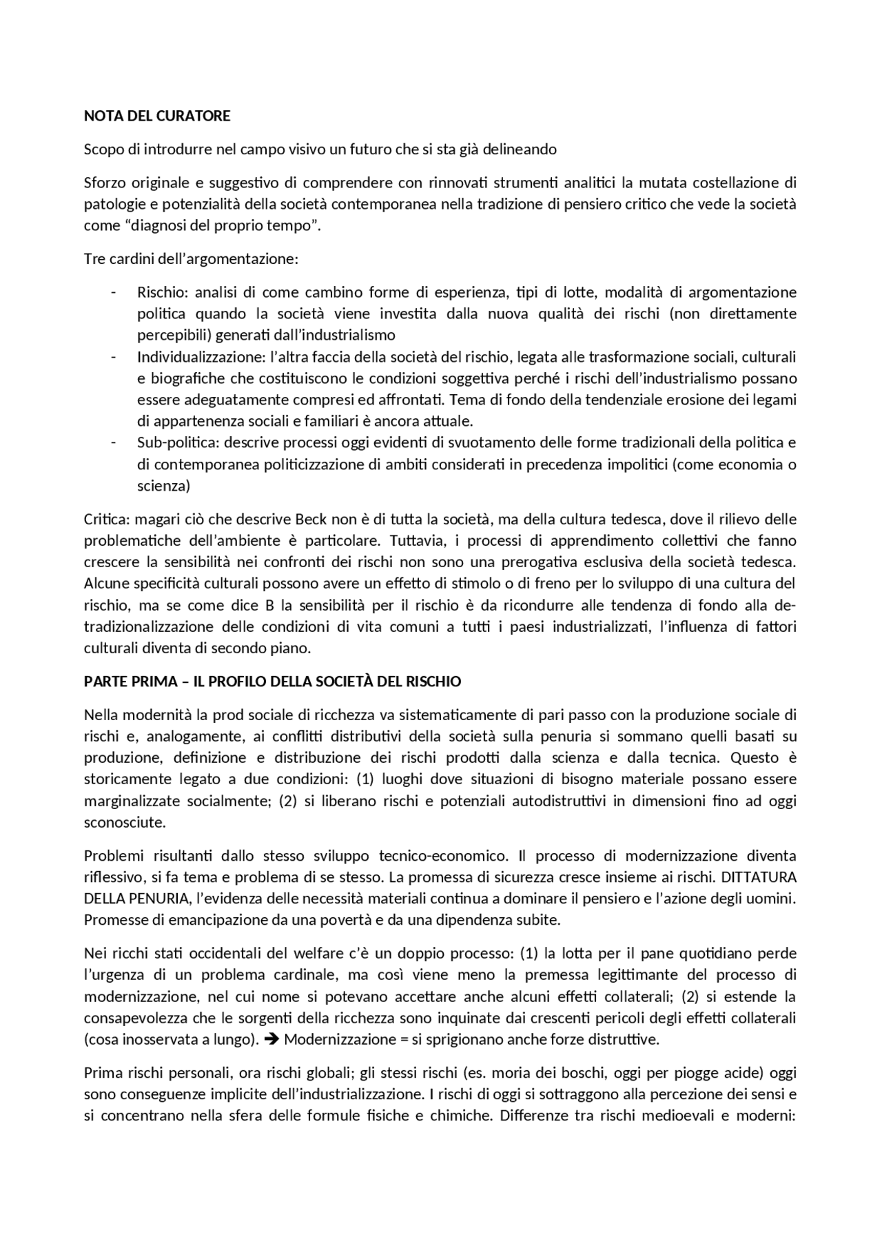 Sociologia: La società del Rischio (appunti) | Appunti di Sociologia | Docsity