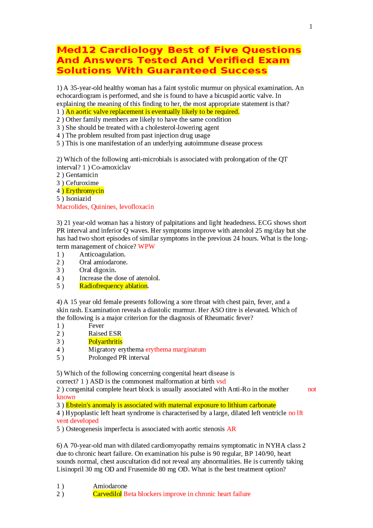 Med12 Cardiology Best of Five Questions And Answers Tested And Verified ...