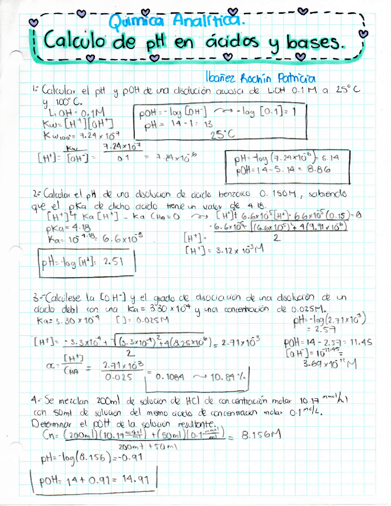 Determinacion de Ph acidos y bases | Ejercicios de Química Analítica | Docsity