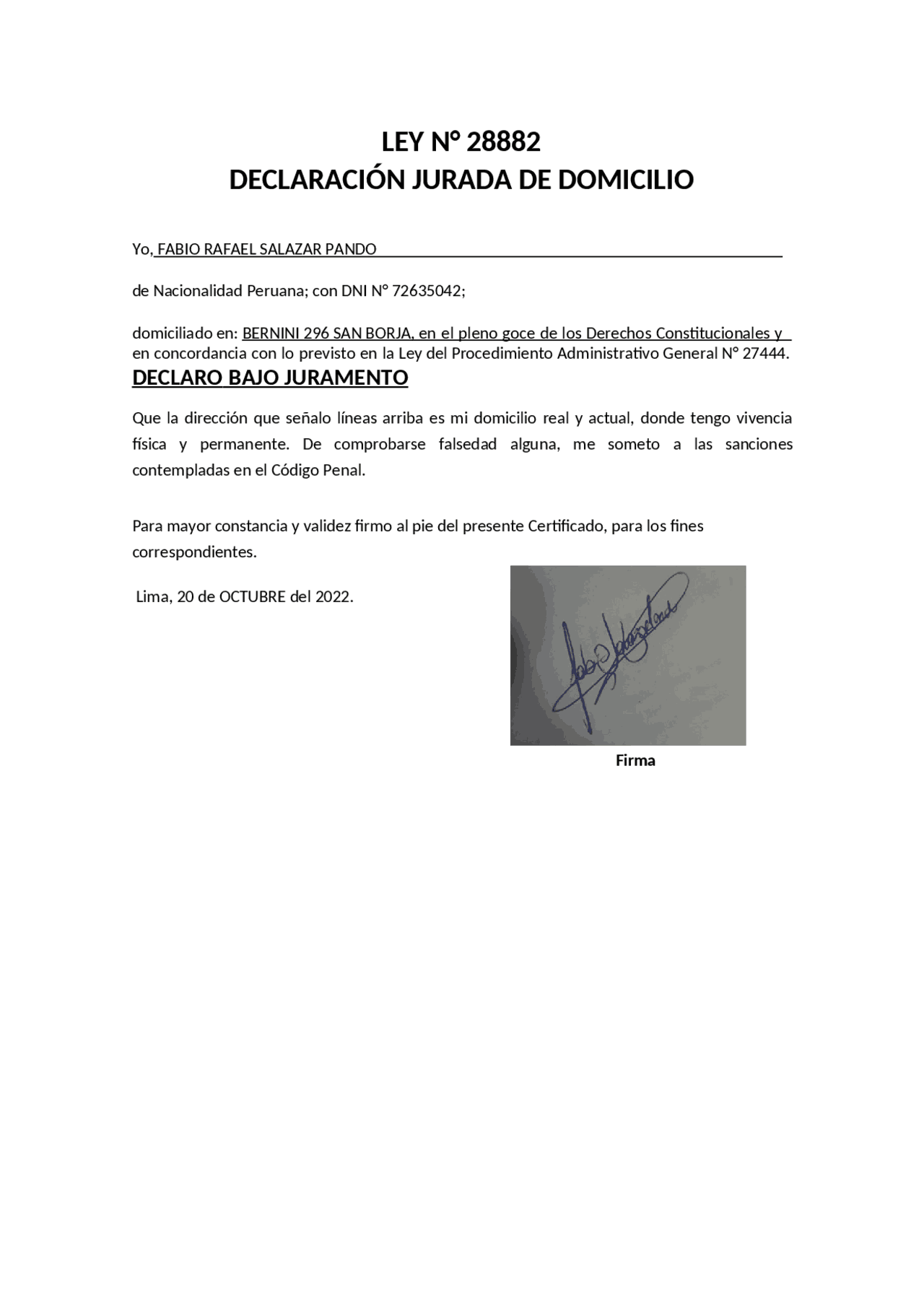 Declaración Jurada de Domicilio según Ley 28882 | Monografías, Ensayos de Derecho | Docsity