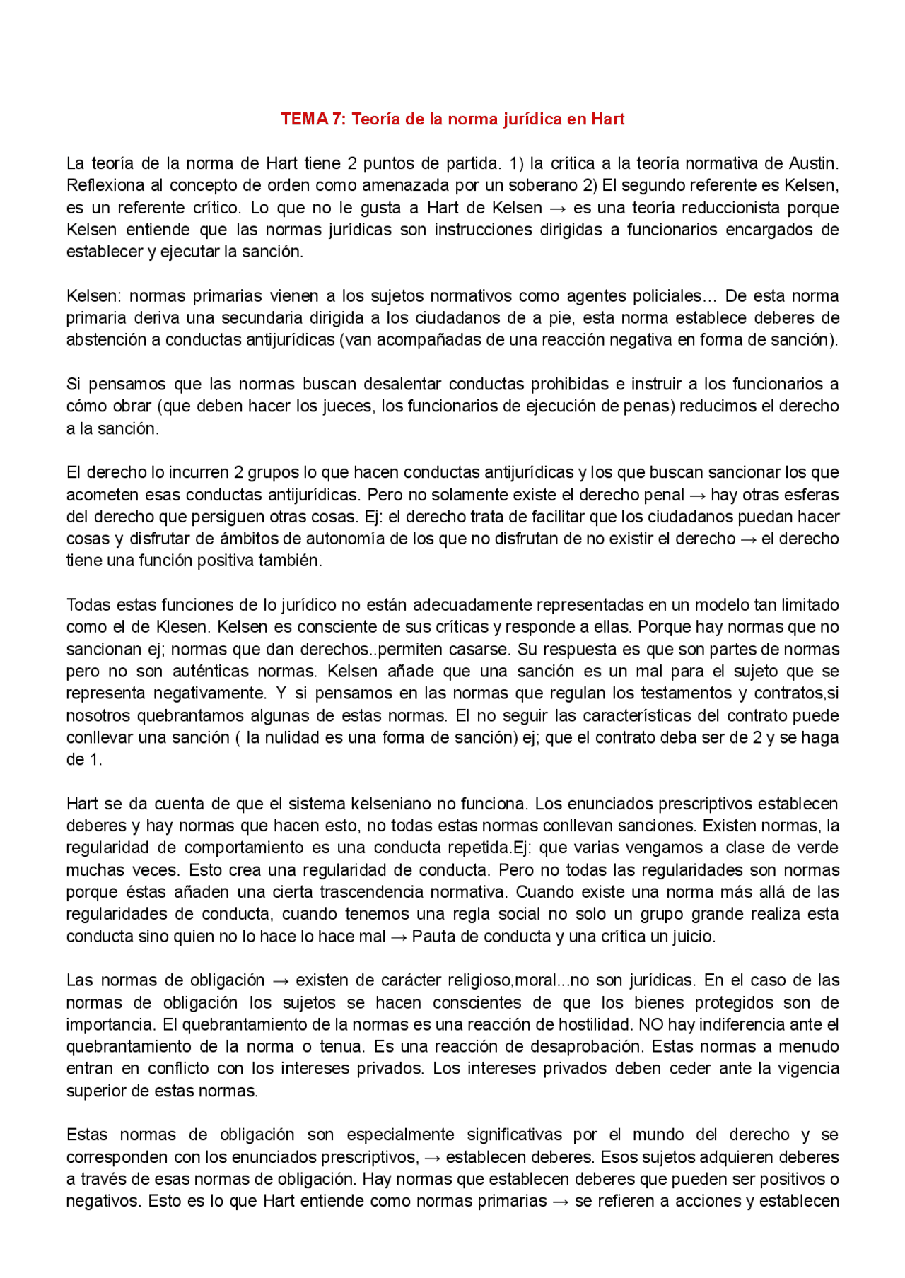 TEORIA DEL DERECHO - TEMA HART | Apuntes de Teoría del Derecho | Docsity
