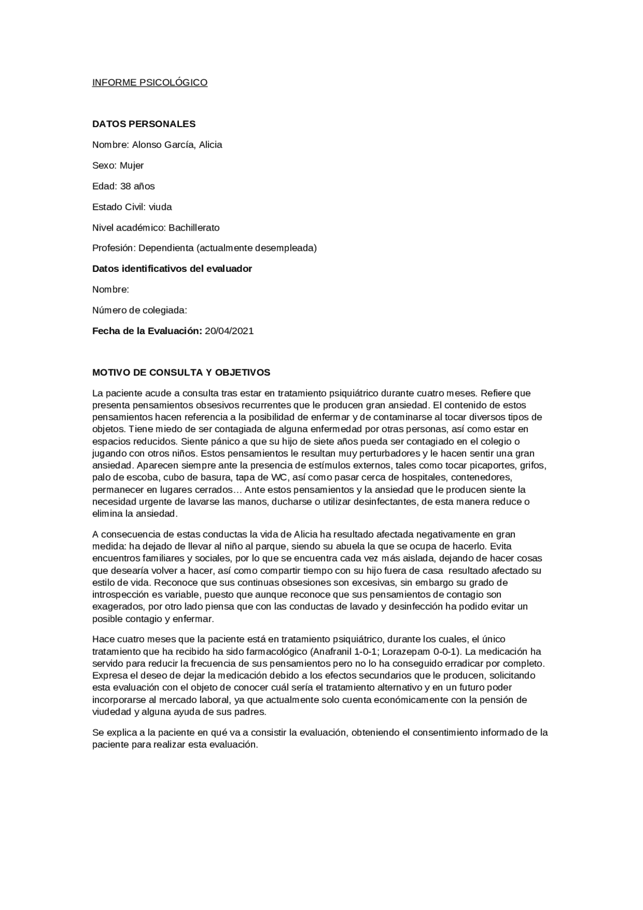 Informe Psicológico Sobre Un Caso Ejercicios De Psicoterapia Docsity