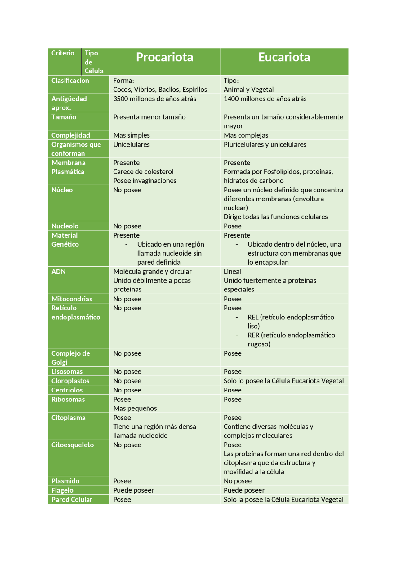 Cuadros Comparativos Entre Clula Procariota Y Eucariota Cuadro