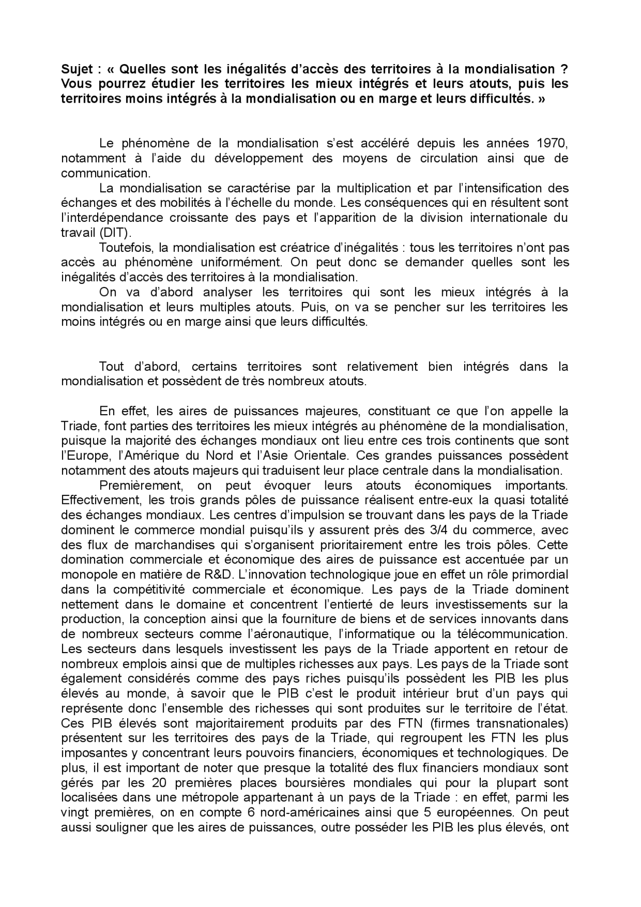 QP : Inégalités d'accès des territoires à la mondialisation | Examens ...