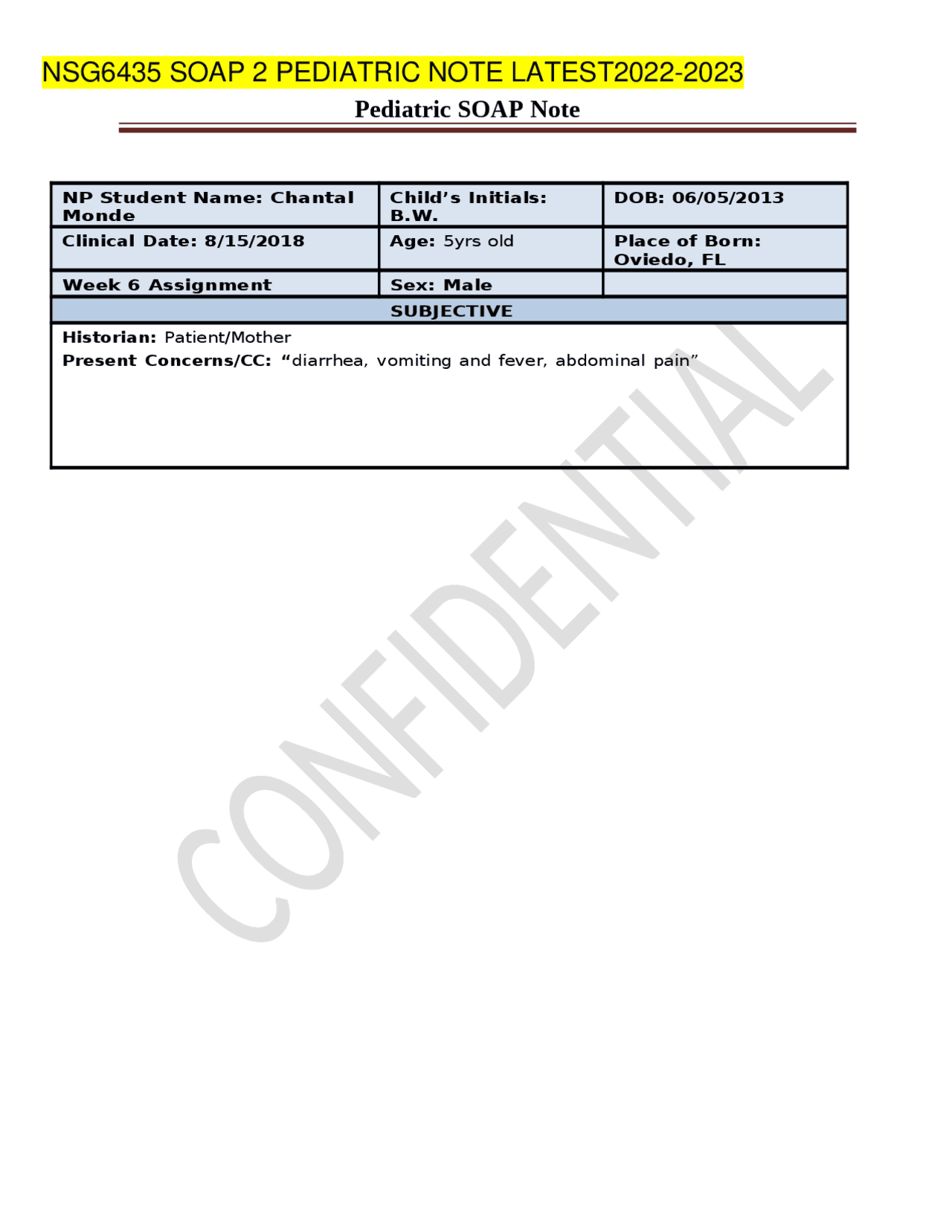 NSG6435 SOAP 2 PEDIATRIC NOTE LATEST2022-2023 | Exams Nursing | Docsity