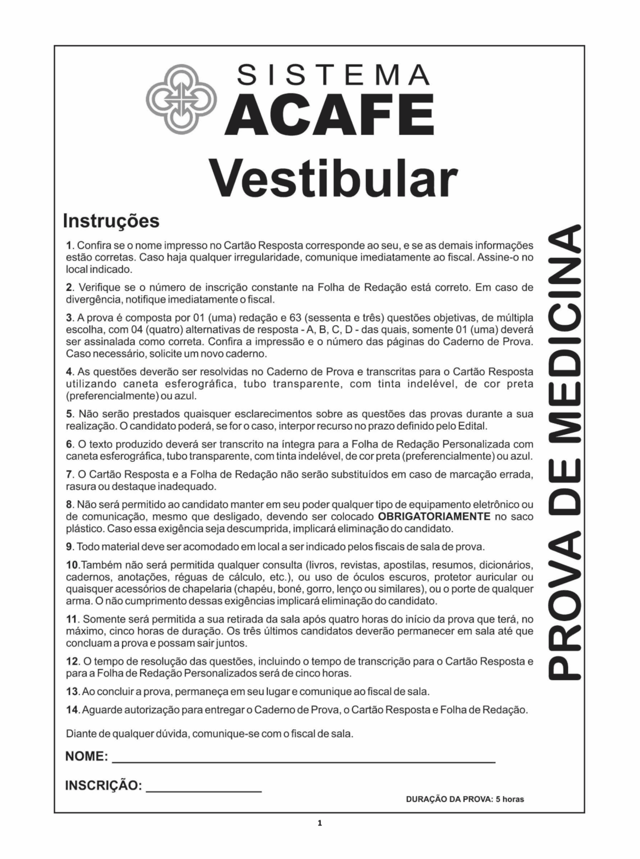 ACAFE prova 2021 Verão | Provas Vestibulares | Docsity
