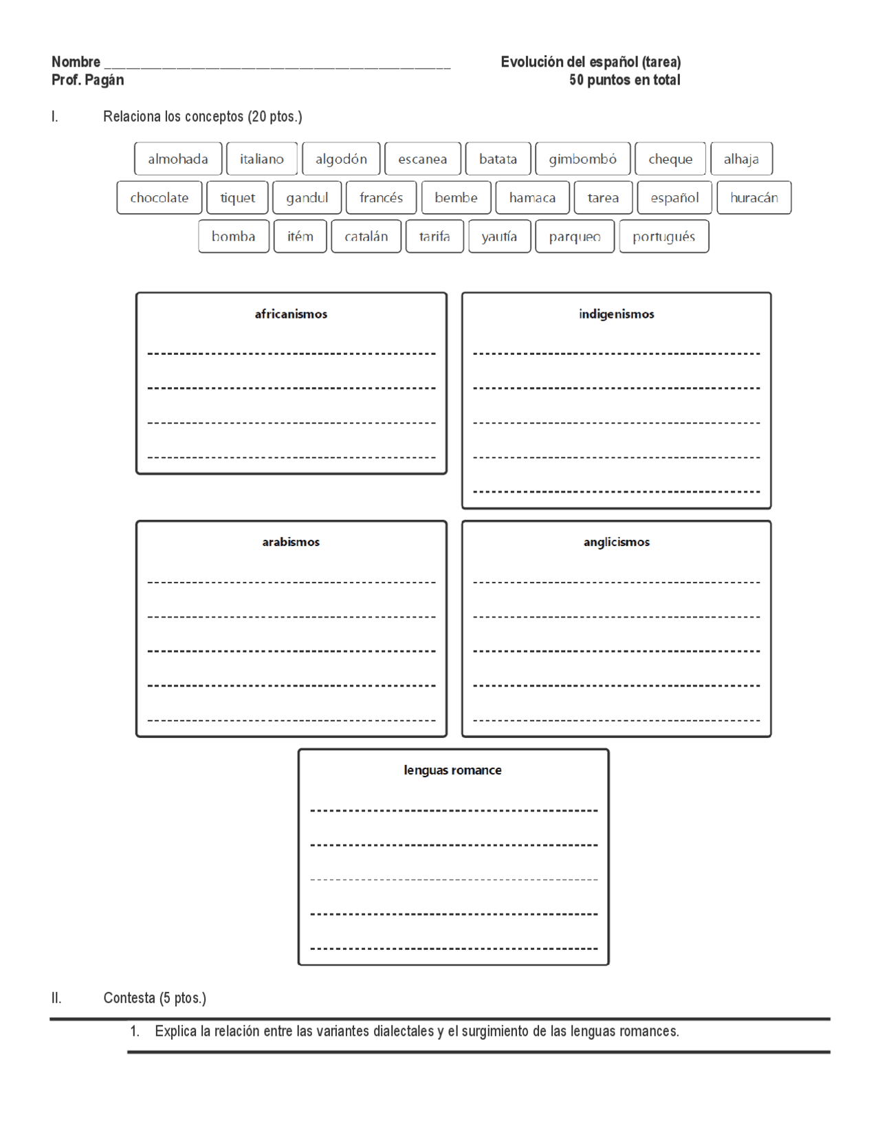 Ejercicio evolucion espanol | Ejercicios de Idioma Español | Docsity