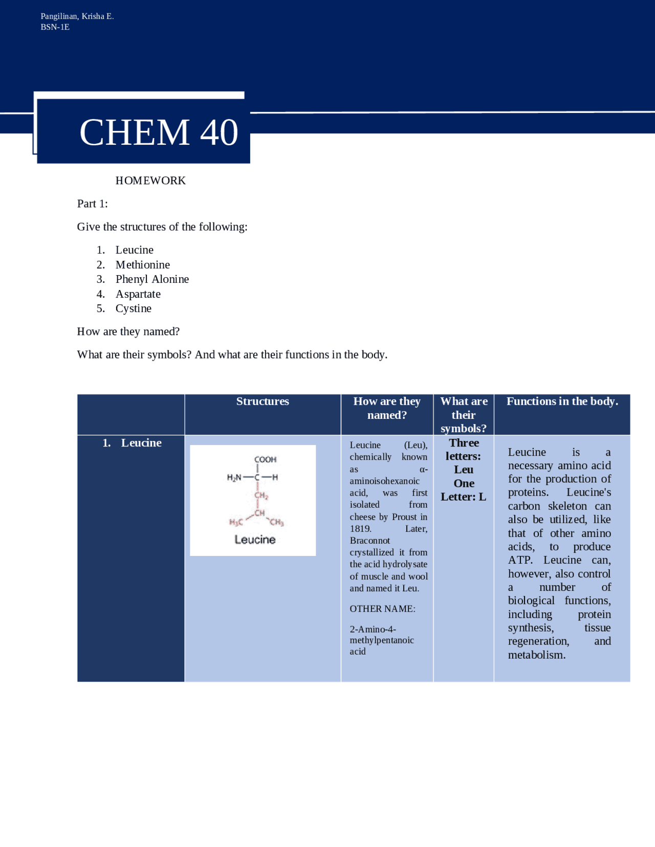 Homework In Biochemistry Exercises Biochemistry Docsity