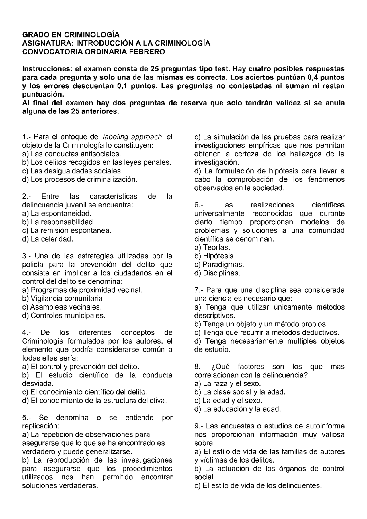 Test De Introducción A La Criminología Exámenes De Criminología Docsity