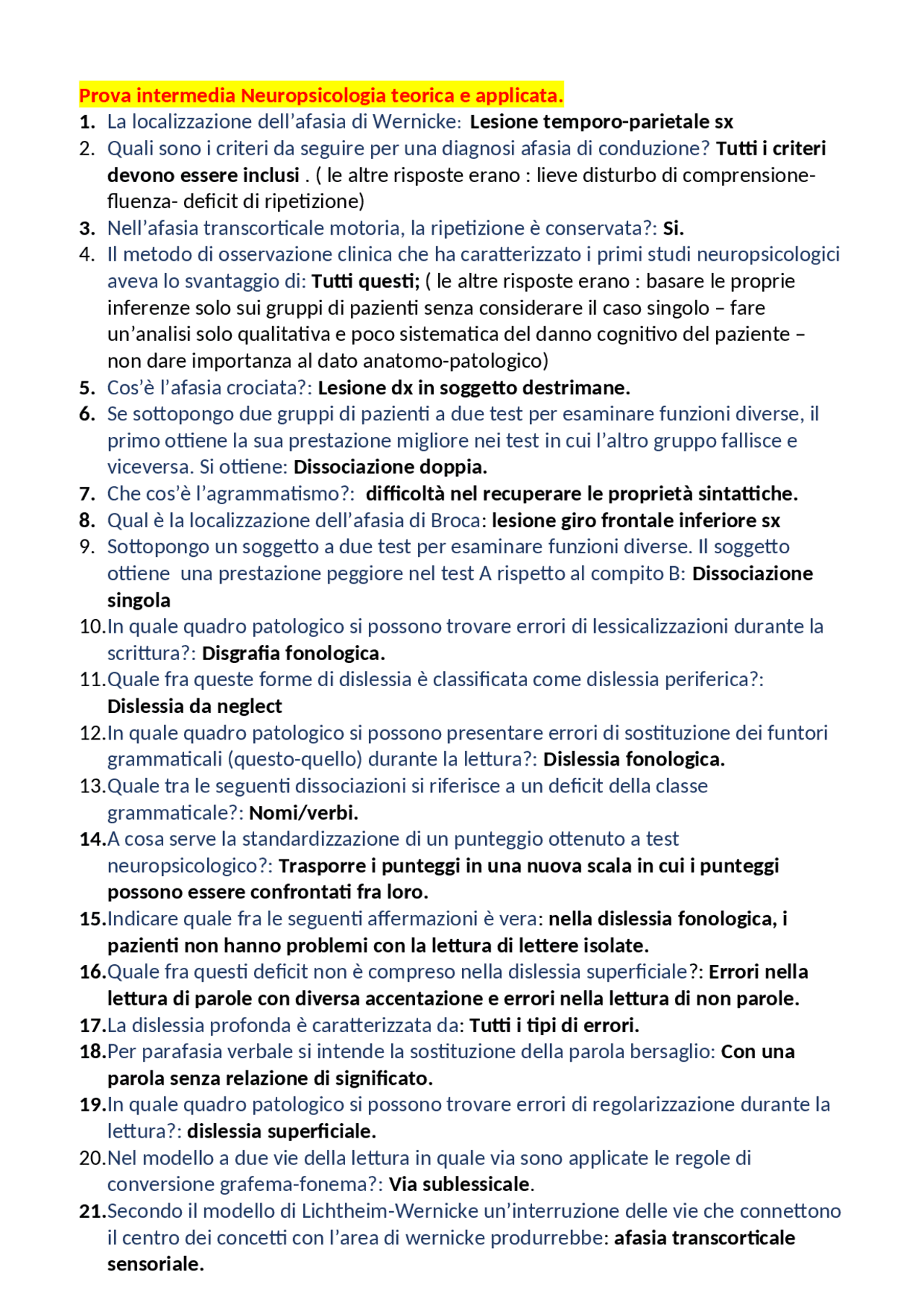 DOMANDE E RISPOSTE CORRETTE PROVA INTERMEDIA DI NEUROPSICOLOGIA TEORICA E APPLICATA | Prove d ...