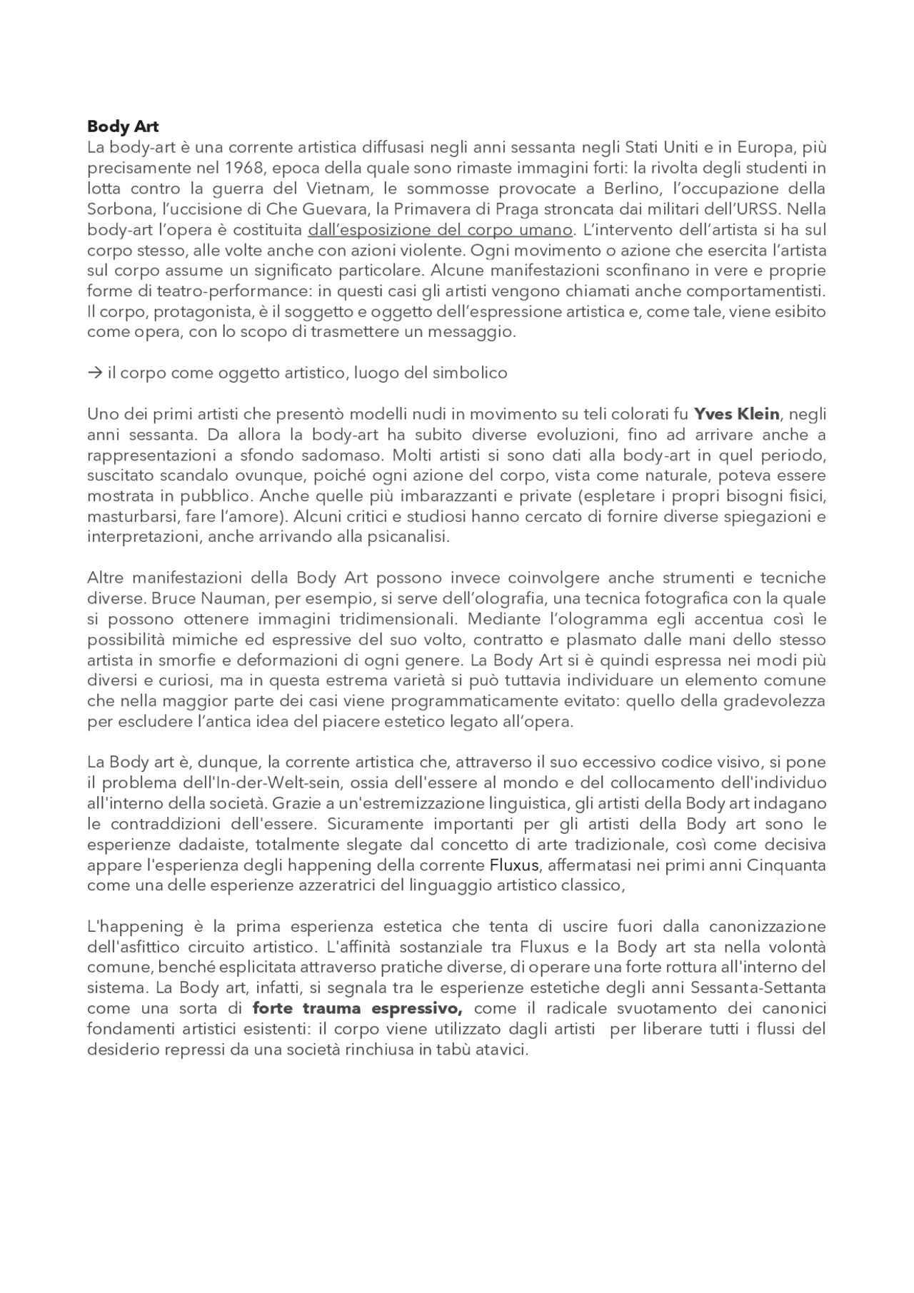 Body Art Riassunto Completo Schemi E Mappe Concettuali Di Arte Docsity