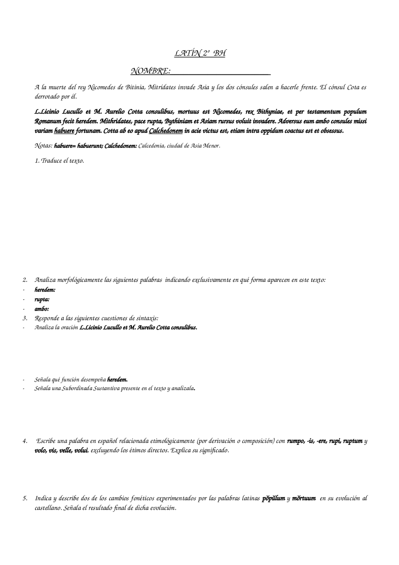 Modelo De Examen De Latín 2º Bach Exámenes De Latín Docsity