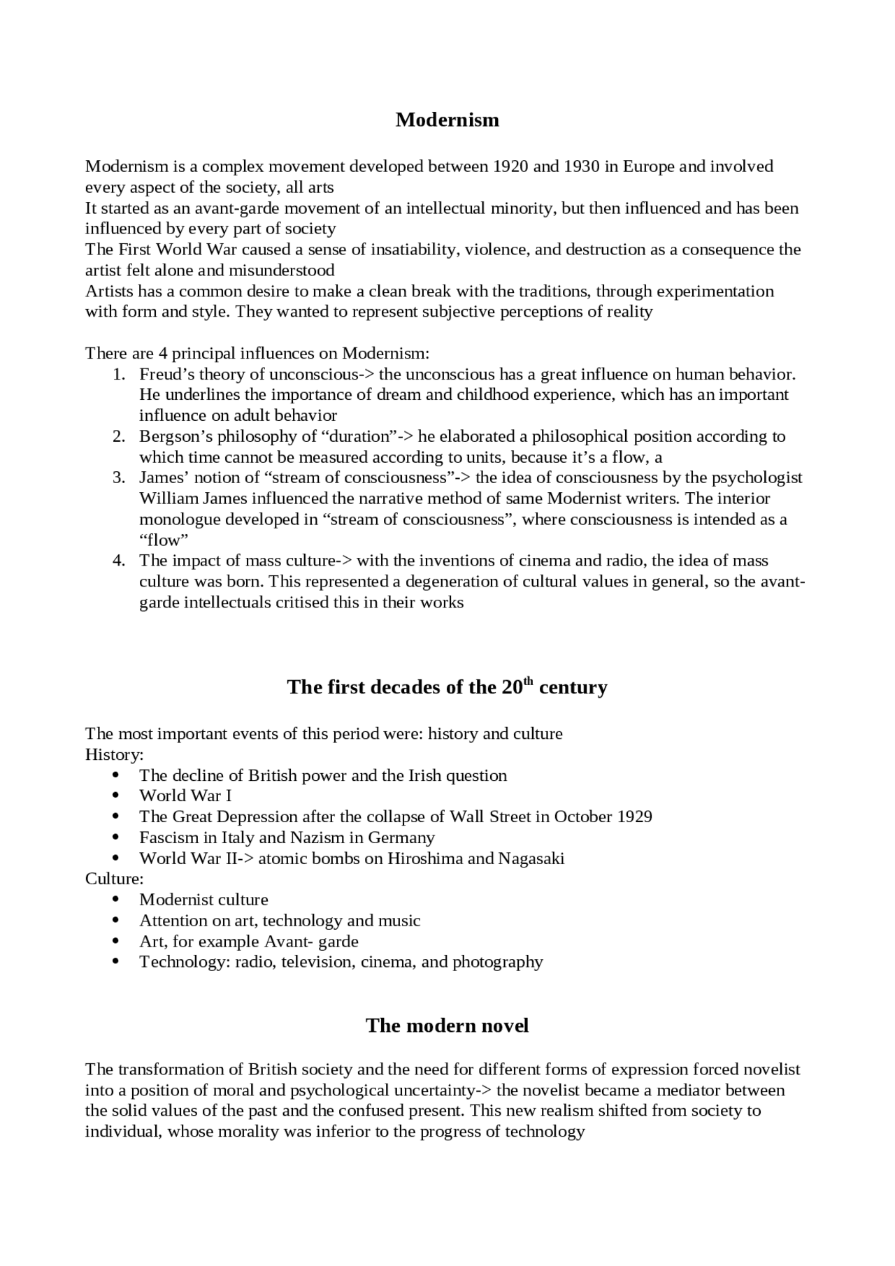 Il Modernismo In Generale Appunti Di Inglese Docsity