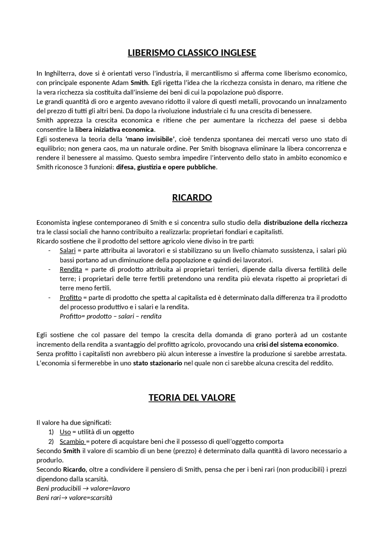 Liberismo, ricardo e teoria valore | Appunti di Economia Politica | Docsity