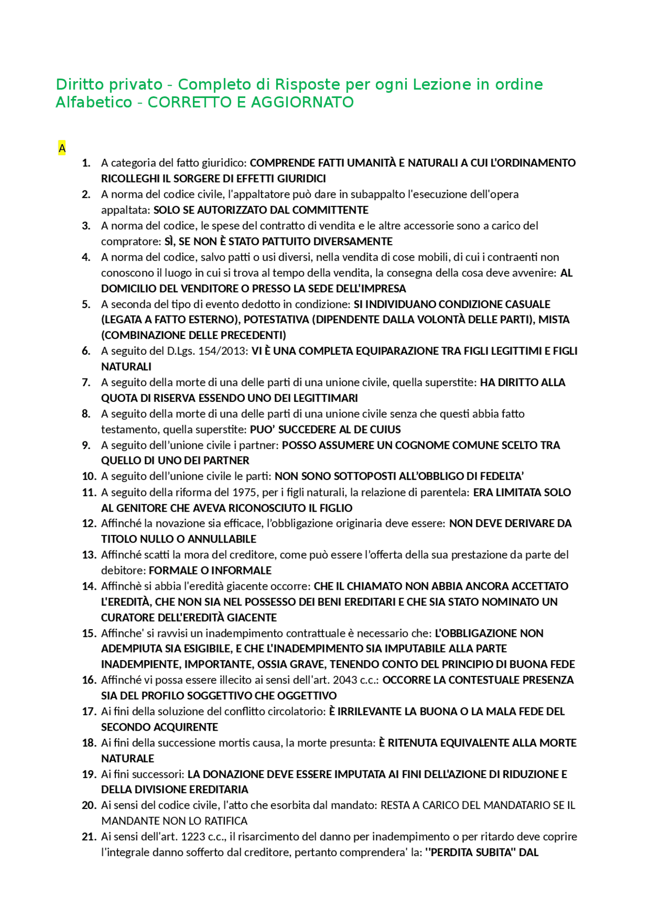 Diritto privato - Completo di Risposte per ogni Lezione in ordine Alfabetico - CORRETTO E ...