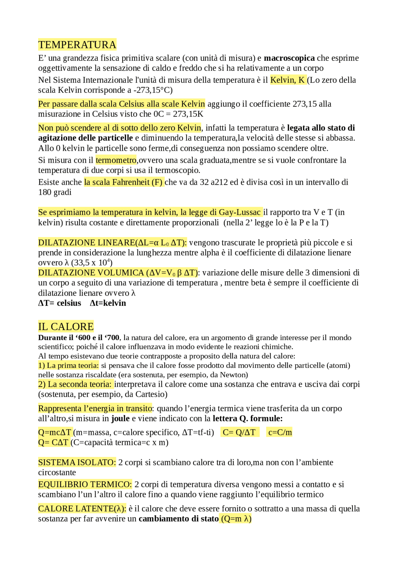 Temperatura e calore | Appunti di Fisica | Docsity
