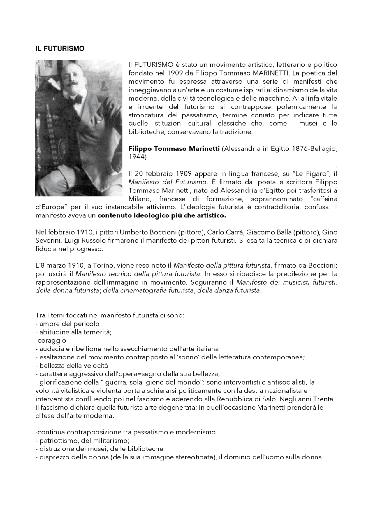 Futurismo Riassunto Completo Schemi E Mappe Concettuali Di Arte Docsity