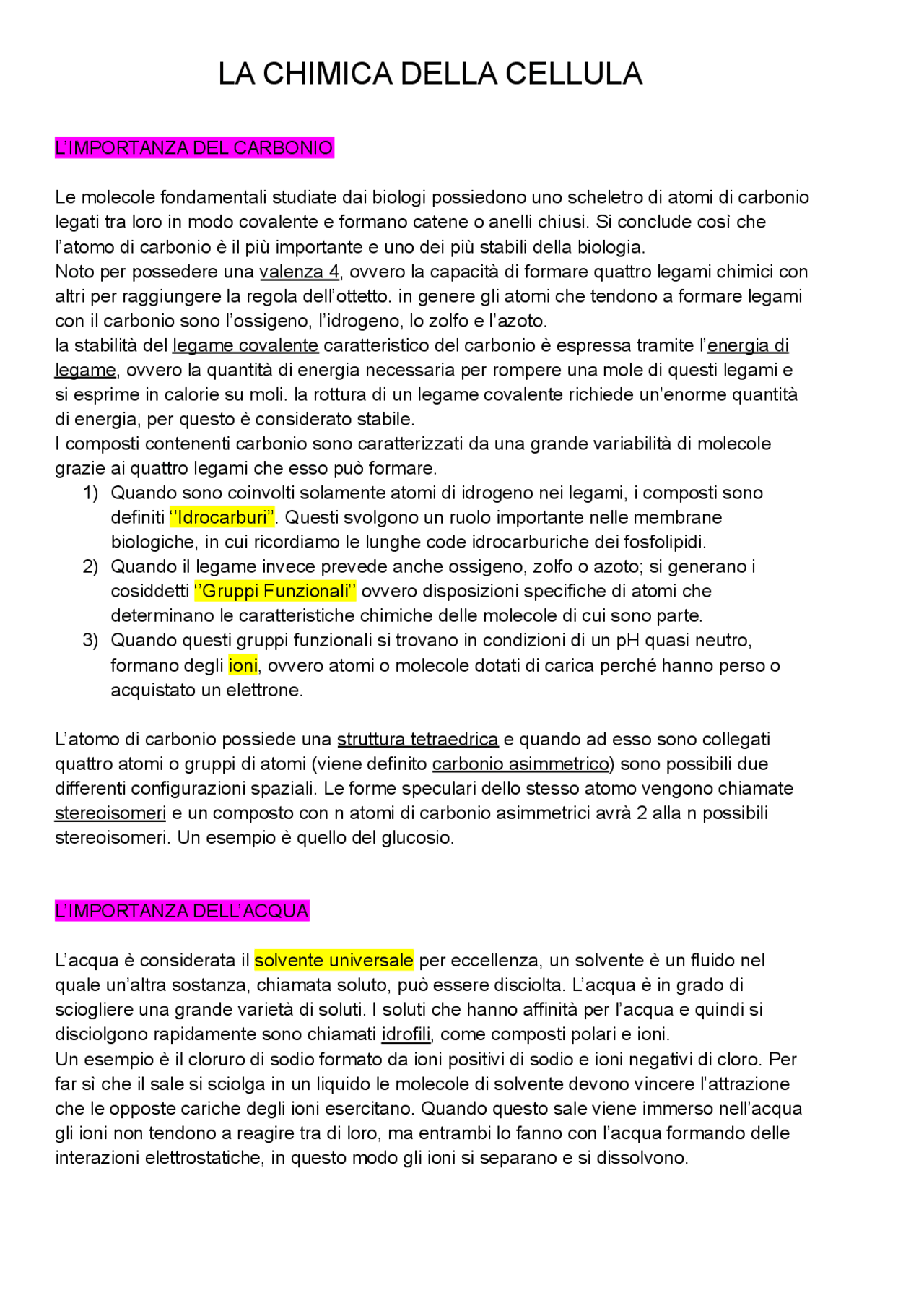 La chimica della cellula | Appunti di Biologia Cellulare | Docsity