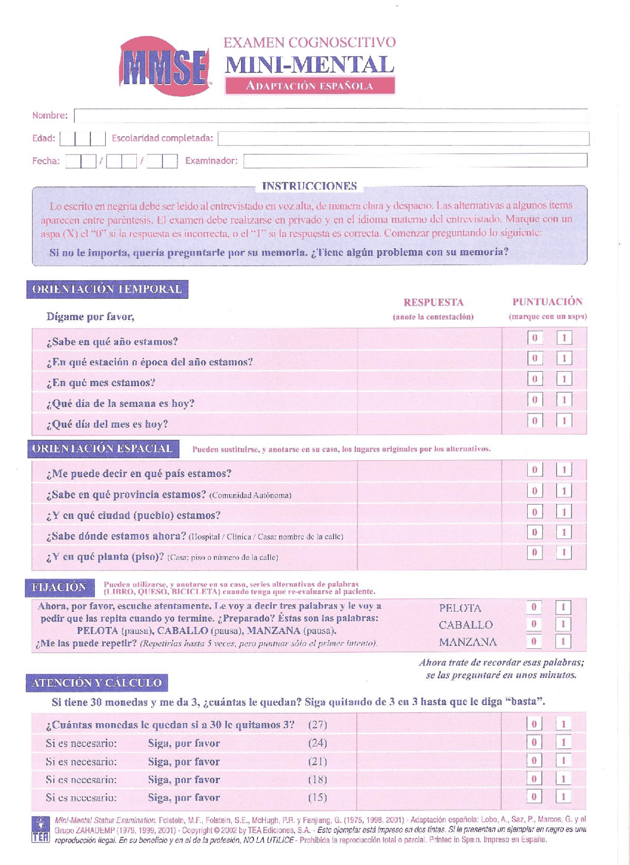 Cuadernillo de Mini mental | Guías, Proyectos, Investigaciones de Estudios Espaciales | Docsity