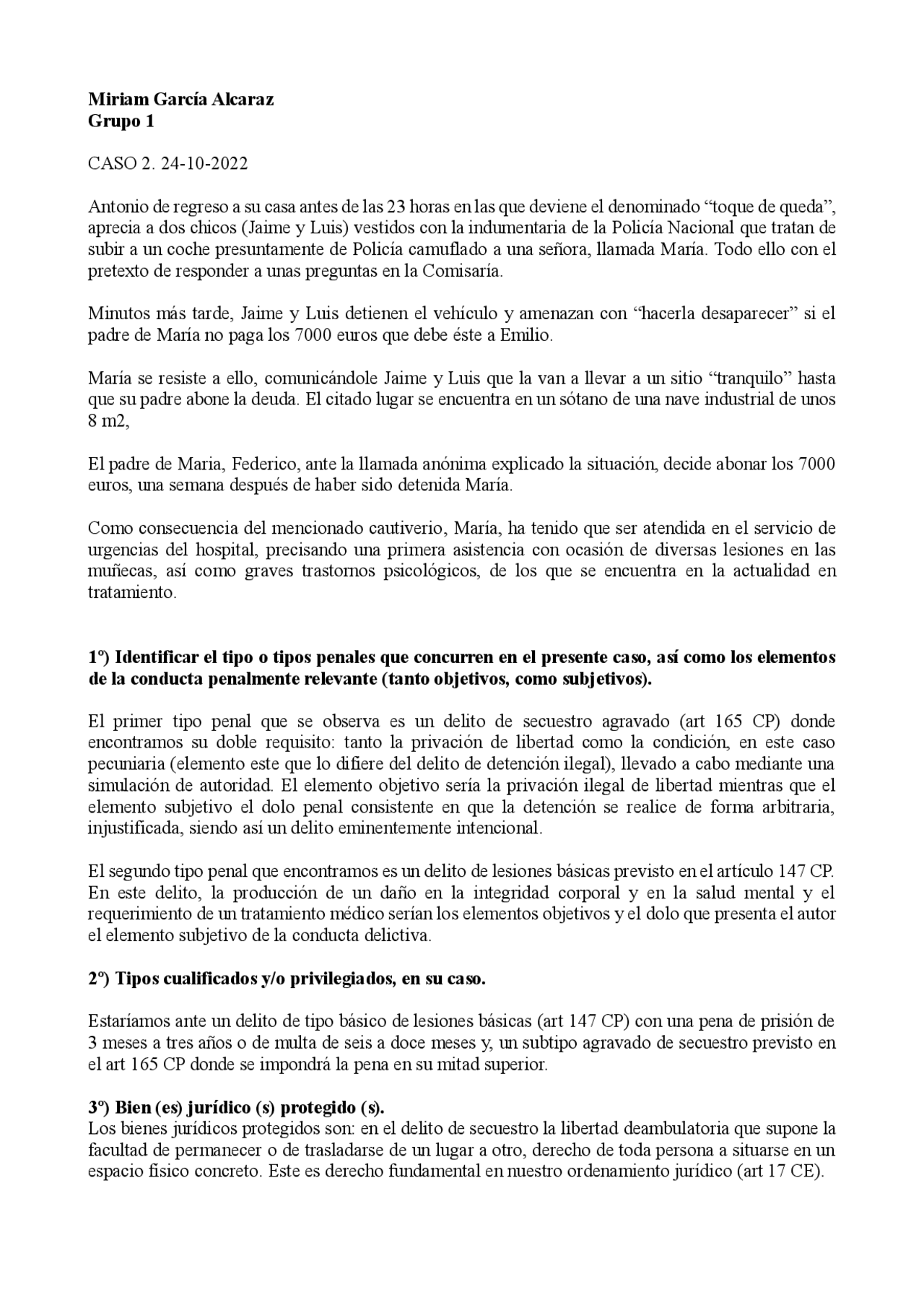 Caso de supuesto de secuestro | Ejercicios de Derecho Penal | Docsity