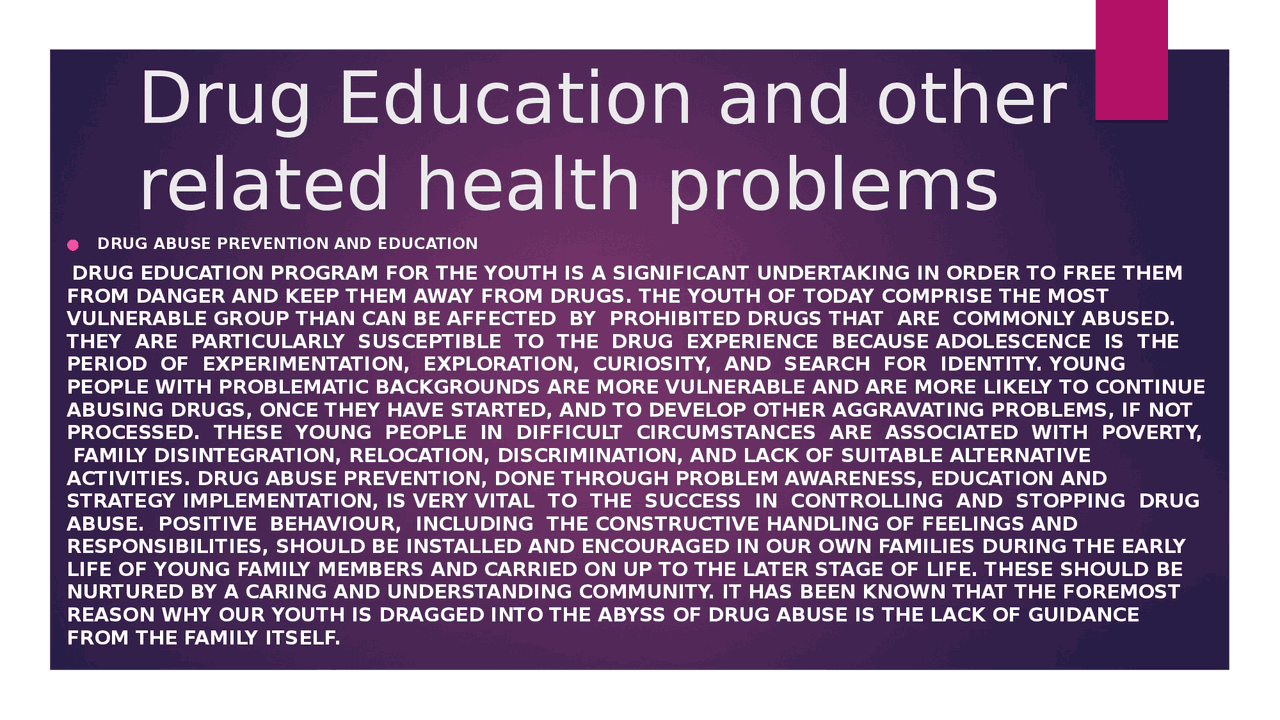 Drug Addiction and other related problem | Summaries English | Docsity