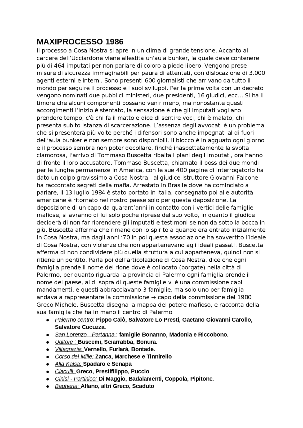 Maxi-processo -1986 (testimonianza Buscetta) | Appunti di Storia | Docsity