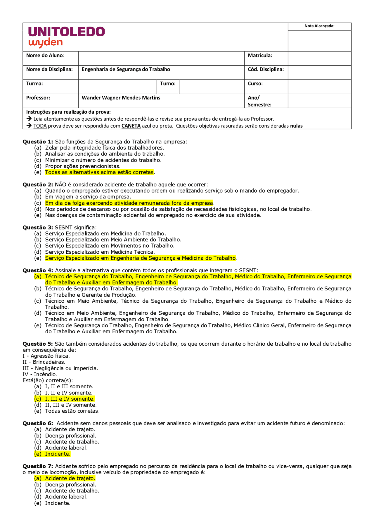 Av1 SeguranÇa Do Trabalho Provas Segurança Do Trabalho Docsity