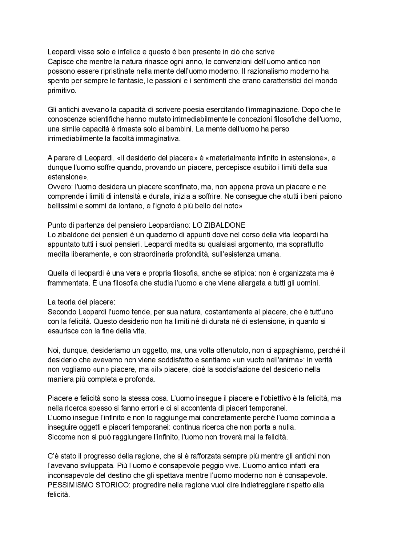 Riassunto maturità LEOPARDI | Appunti di Italiano | Docsity