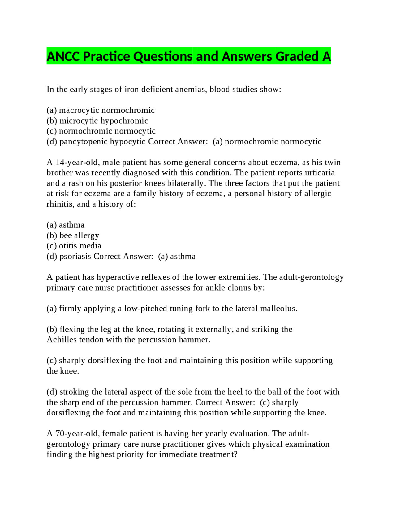 ANCC Practice Questions and Answers 2023 Graded A | Exams Nursing | Docsity