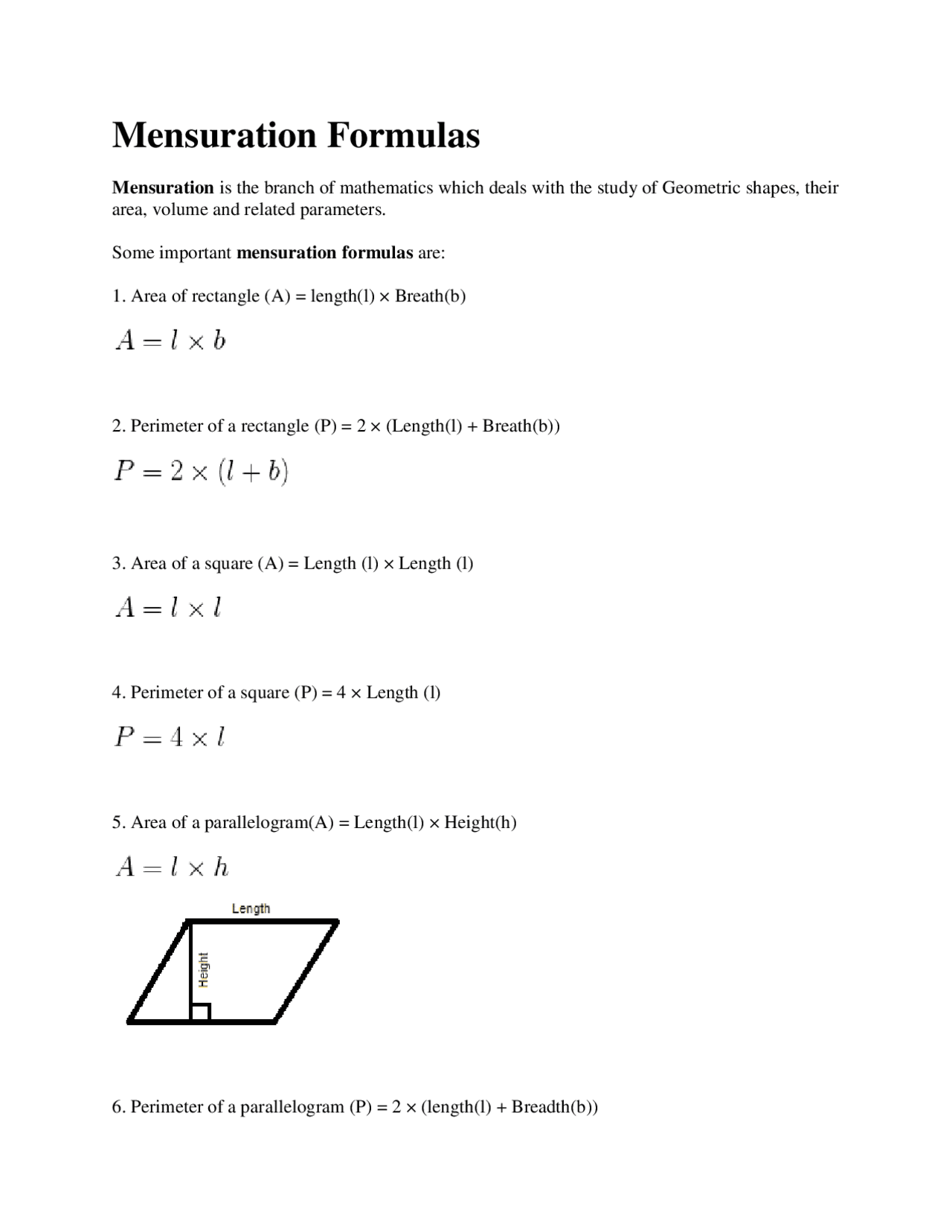 Mensuration Algebra Cheat Sheet Cheat Sheet Algebra Docsity
