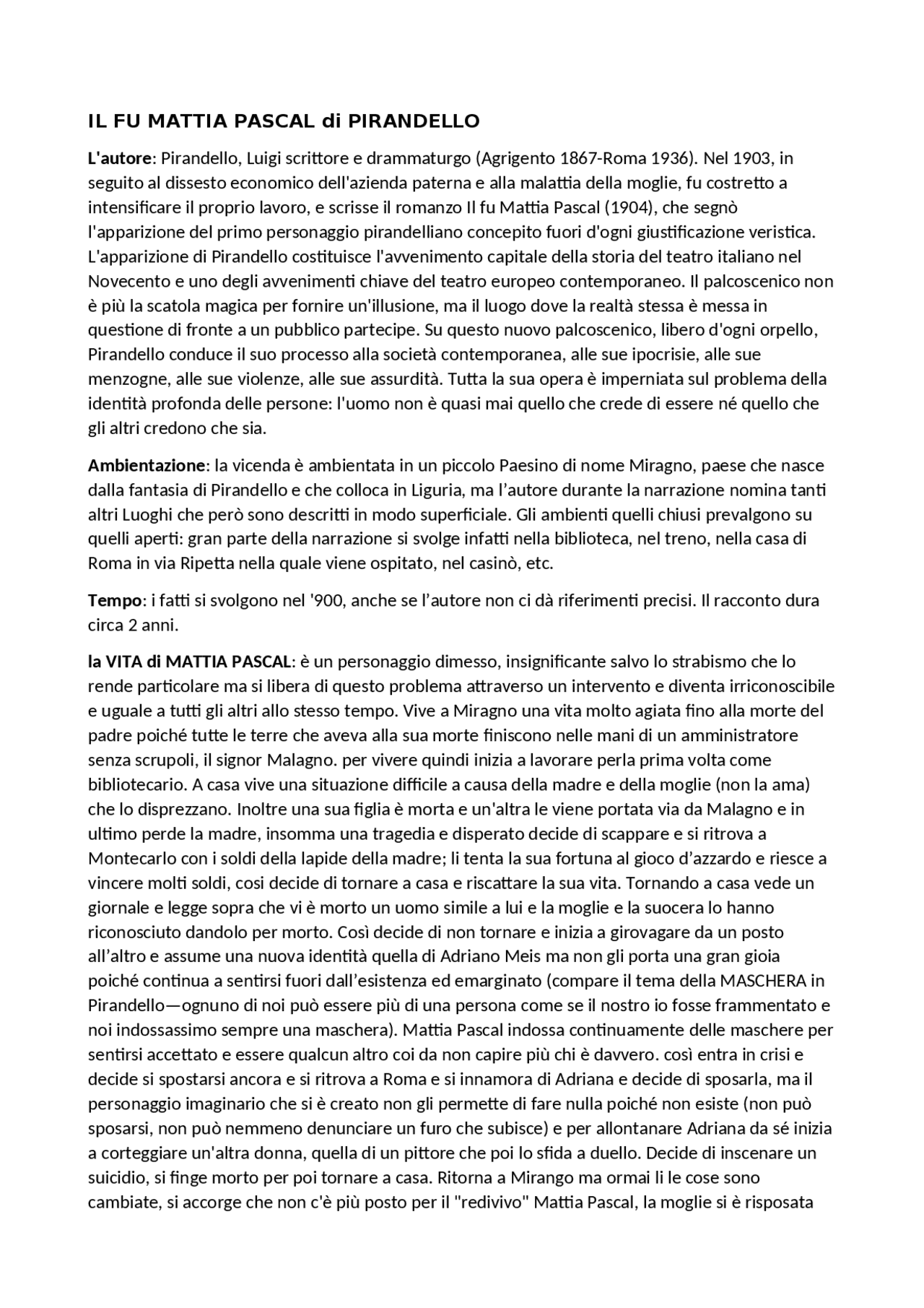 Scheda Libro Su Il Fu Mattia Pascal Appunti Di Italiano Docsity