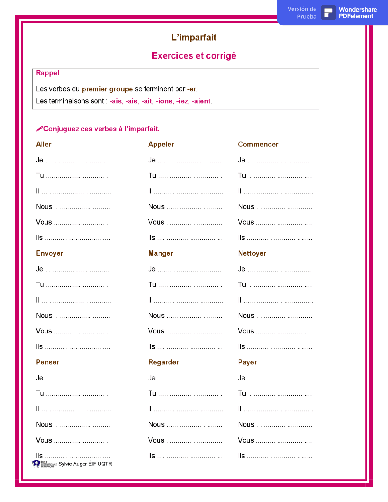 Ejercicios del imperfecto | Exámenes de Idioma Francés | Docsity