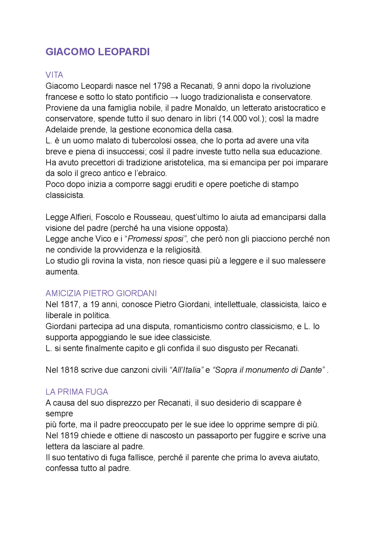 GIACOMO LEOPARDI (letteratura italiana) | Dispense di Italiano | Docsity