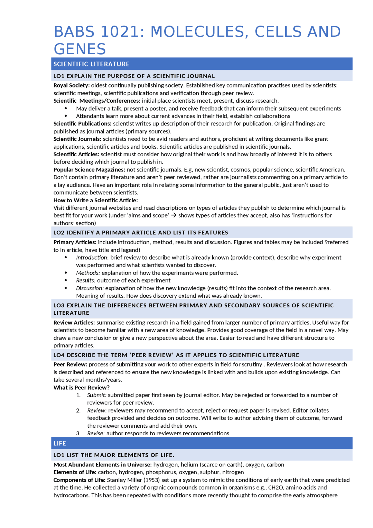 Molecules, Cells and Genes Summary Notes (BABS1201) | Study notes Cell ...